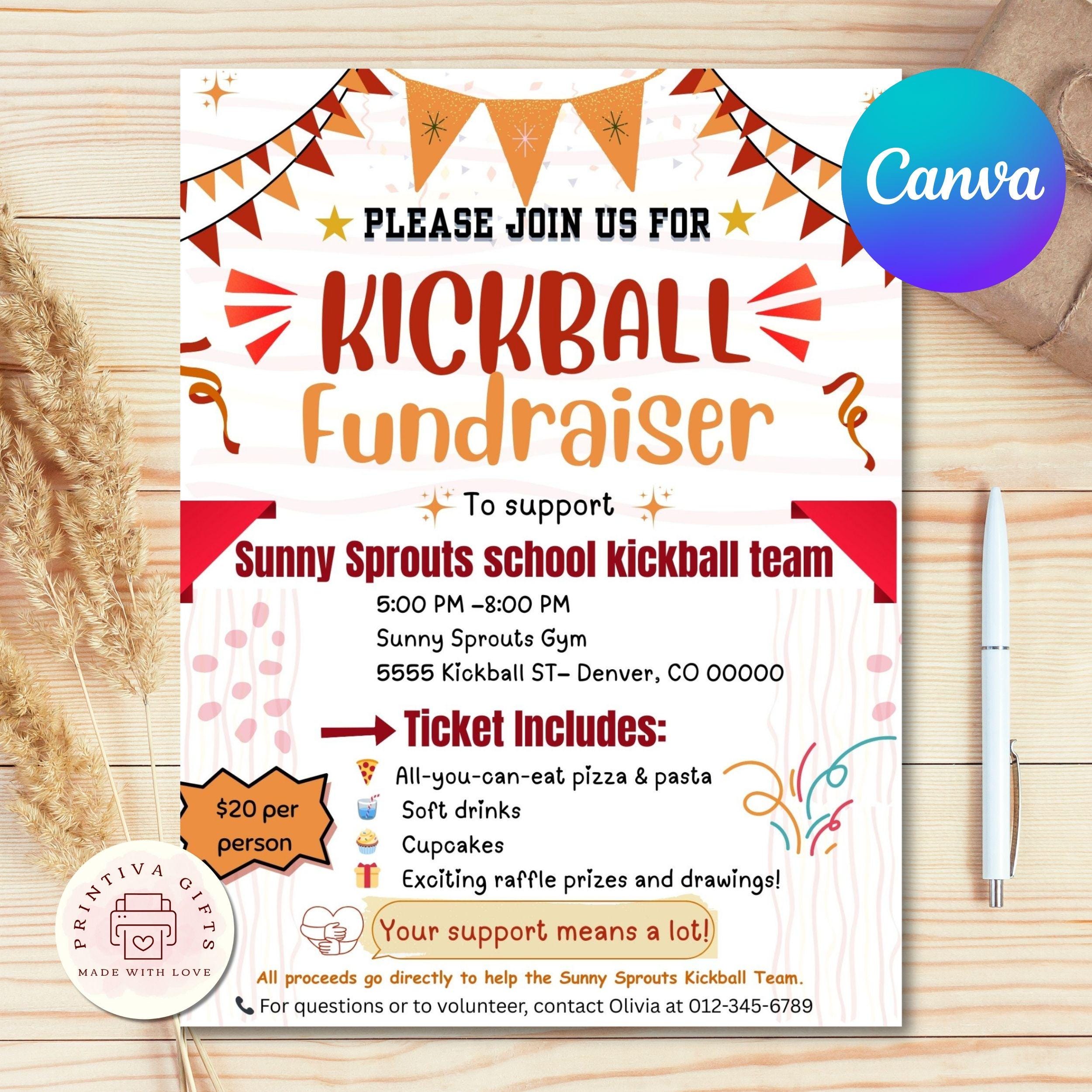 Kickball Fundraiser Fundraiser Flyer | Editable Canva Template | School ...