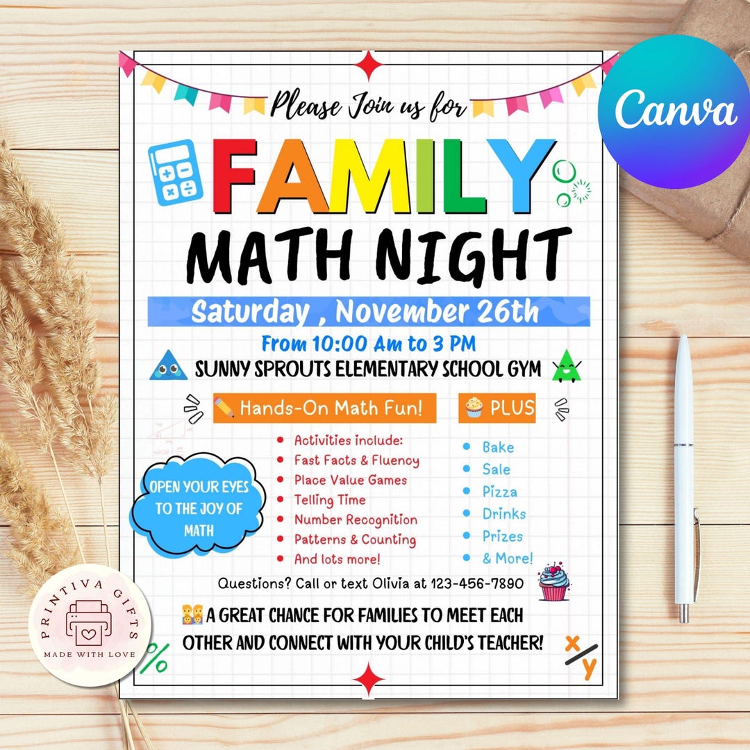 Editable Family Math Night Flyer: School Event Canva Template (digital ...