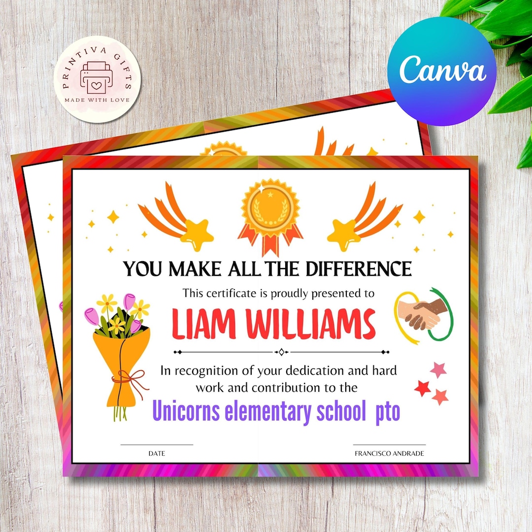 Editable Volunteer Appreciation Certificate | PTO PTA Award Template ...