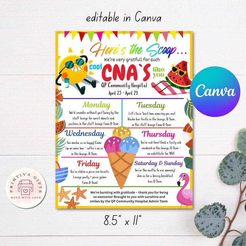 CNA Appreciation Week Itinerary Template: Editable Staff Gift (canva ...