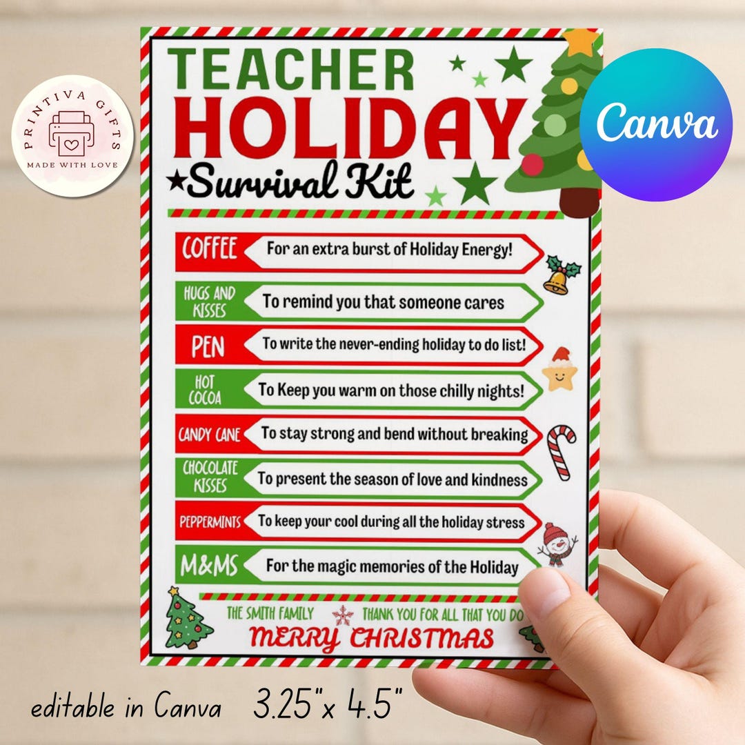 Teacher Holiday Survival Kit | Christmas Teacher Gift Tag | Printable ...