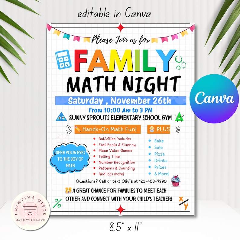 Editable Family Math Night Flyer: School Event Canva Template (digital ...