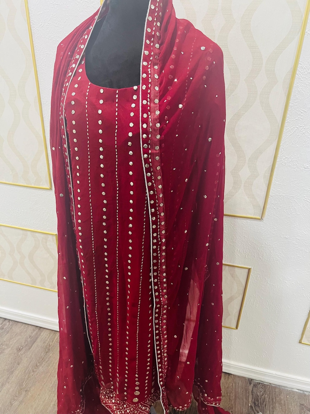 Elegant Maroon Chiffon Mukesh Work Dress With Dupatta - Etsy