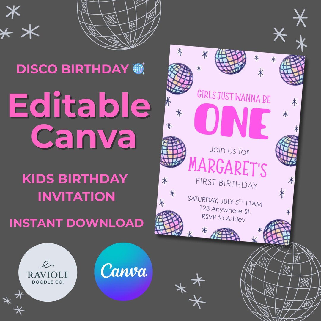 Buy Editable Disco First Birthday Invitation | Girls Just Wanna Be One ...