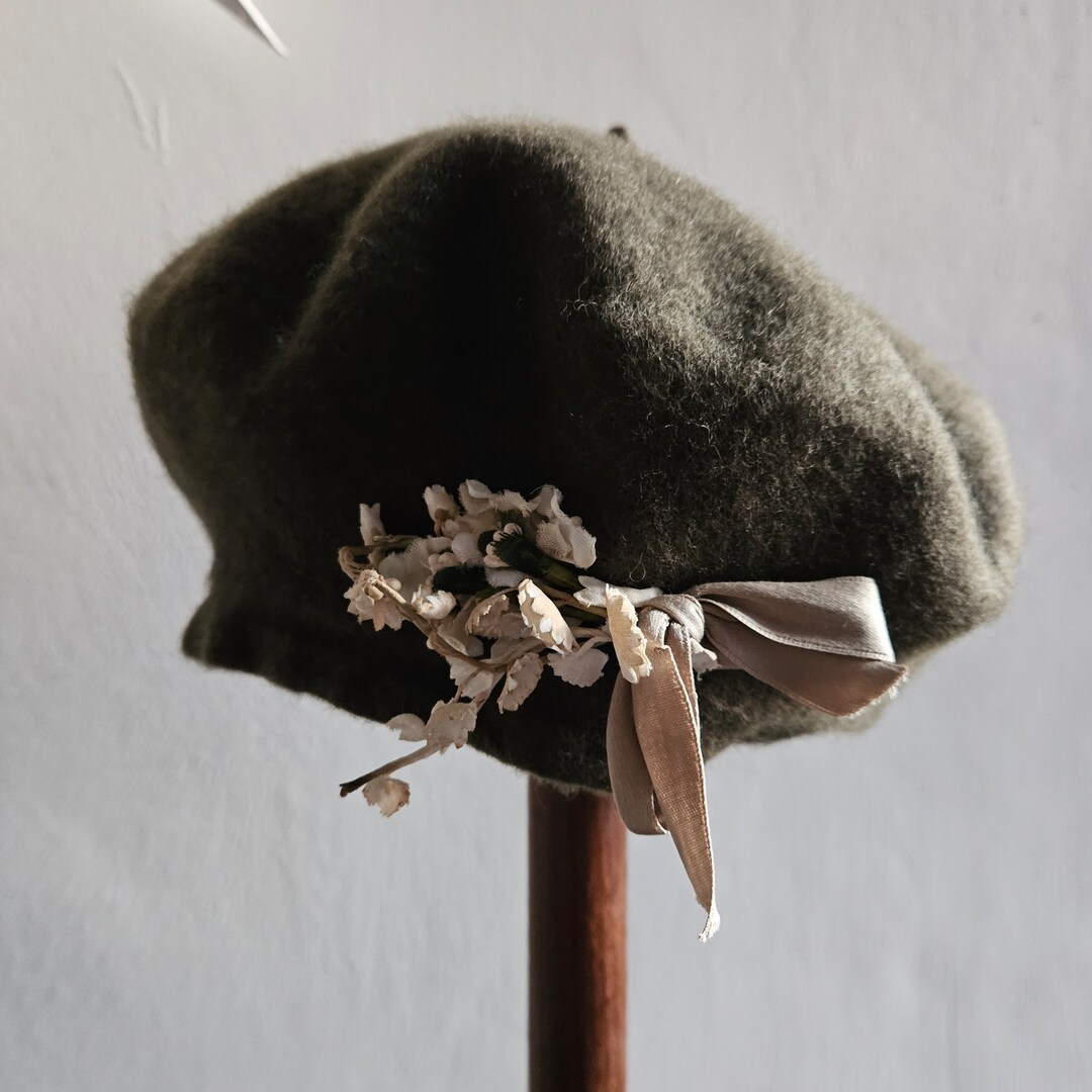 Khaki Beret With Flowers on Brooch Pin - Etsy