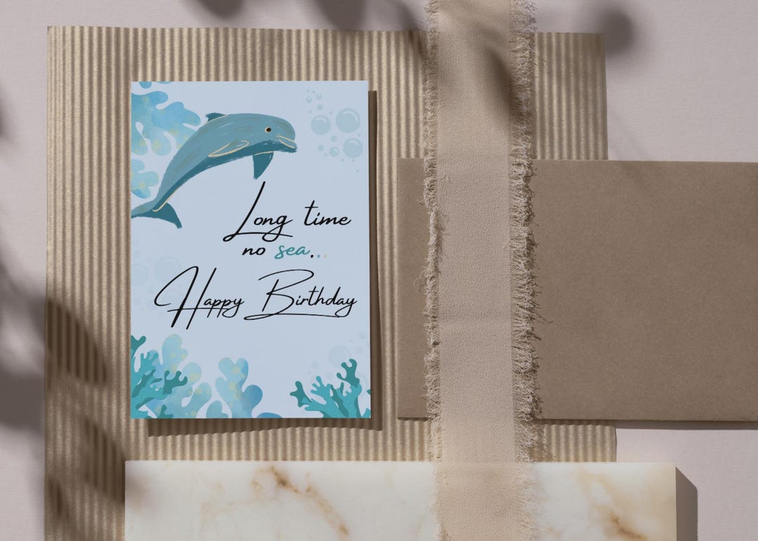 Long Time No Sea Happy Birthday Coastal Theme Digital Download Pun Card ...