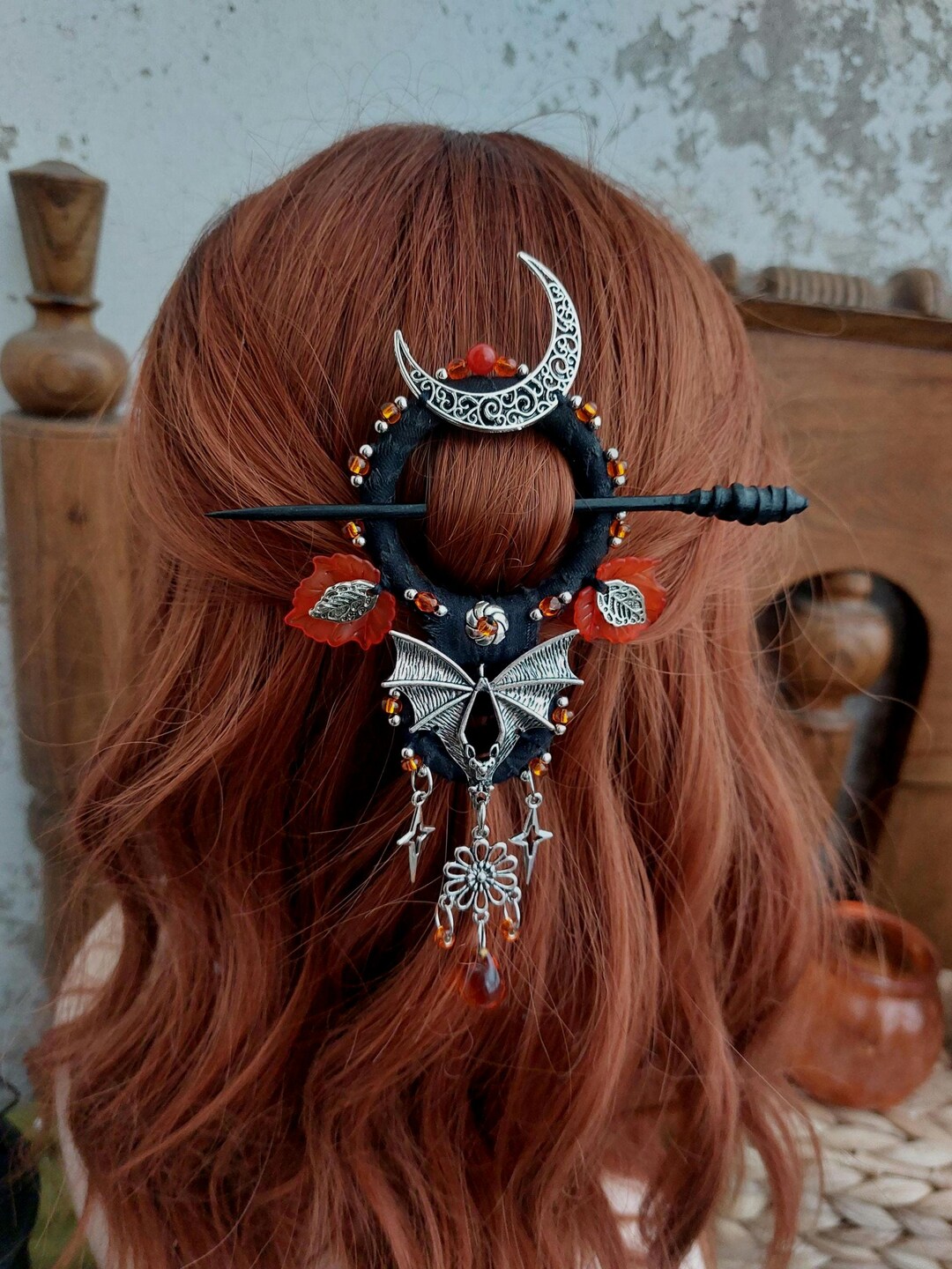 Autumn Bat Hair Pin, Fantasy Pagan Hair Pin, Pagan Witch Hair Barrette ...