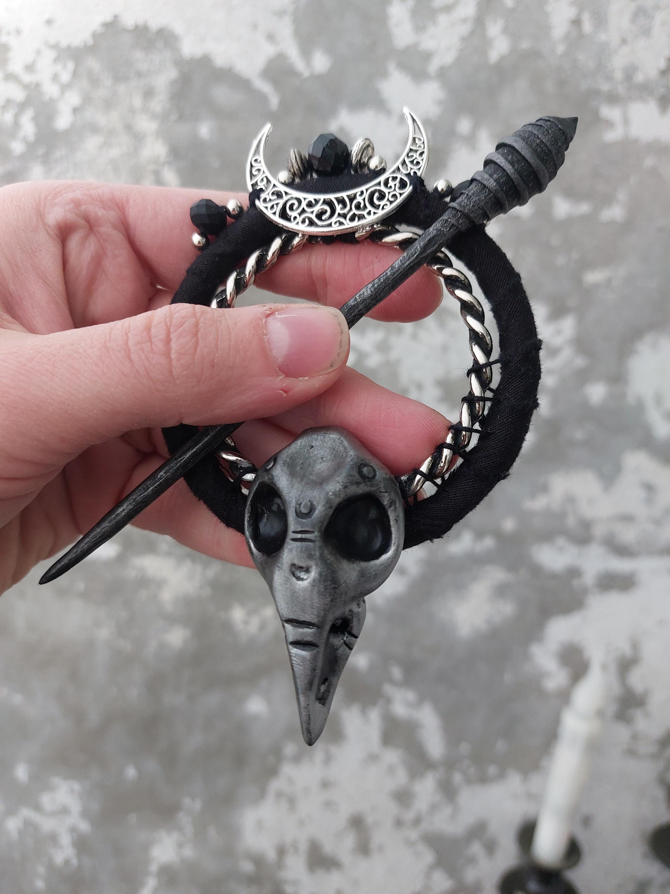 Celtic Raven Hair Pin: Pagan Barrette With Crescent Moon and Glass ...
