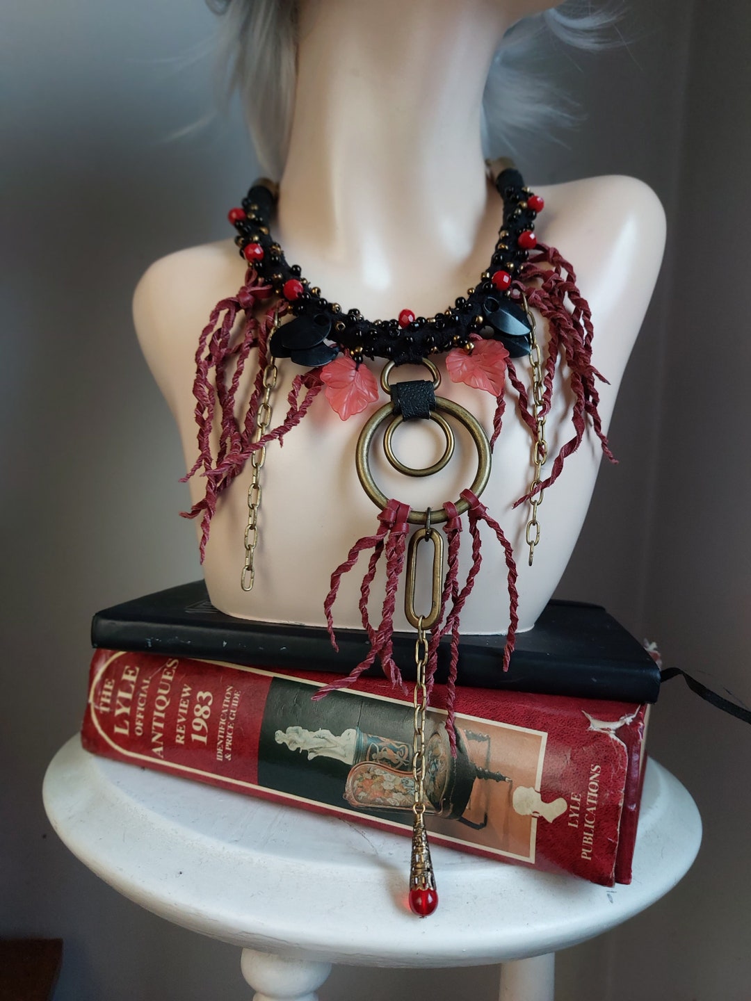 Leather and Chains Necklace, Red and Bronze Necklace, Tribal Fusion ...