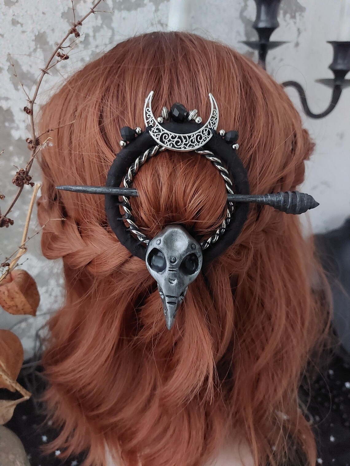 Celtic Raven Hair Pin: Pagan Barrette With Crescent Moon and Glass ...