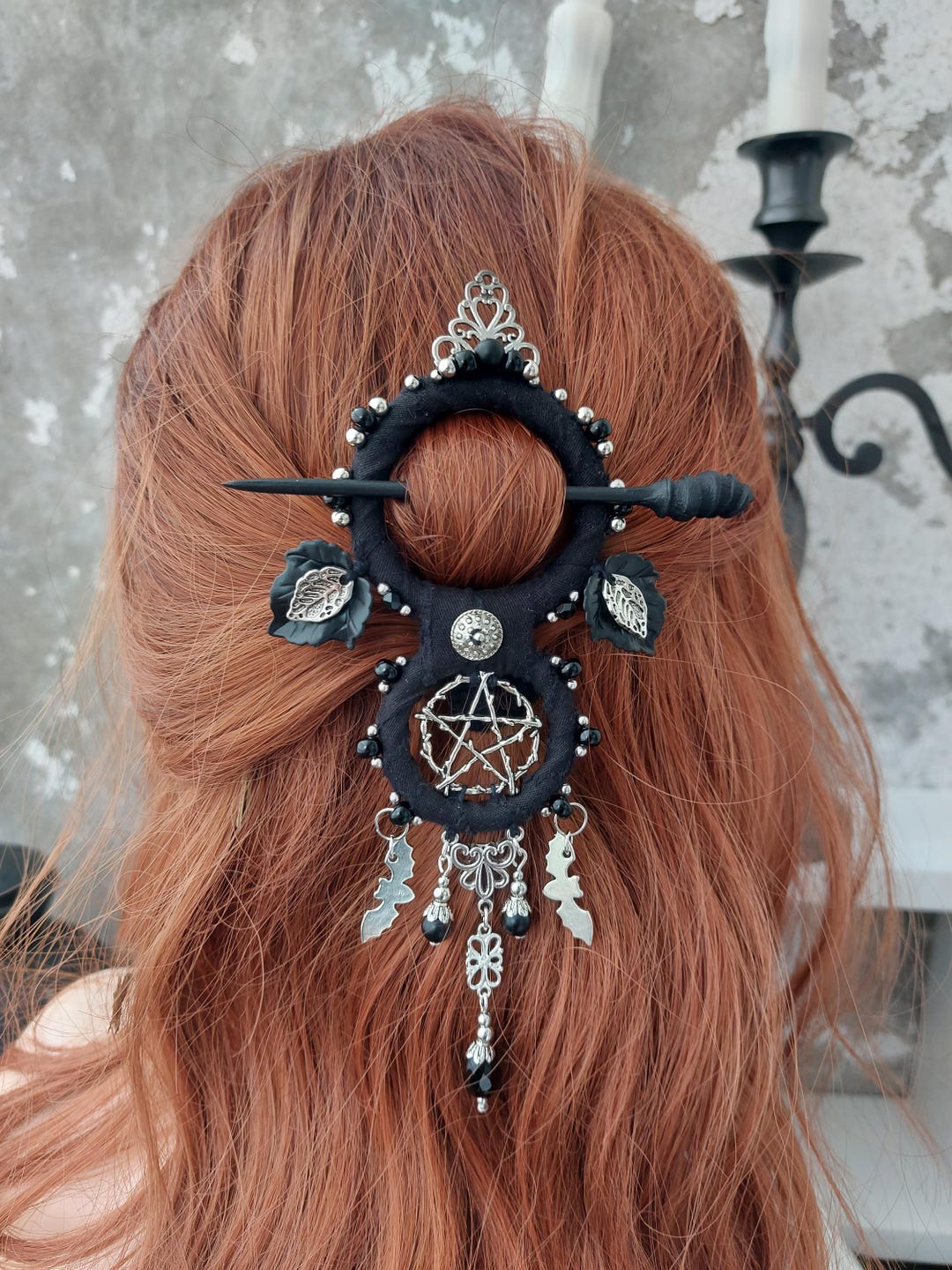 Hecate II Hair Pin: Pagan Pentagram Ornament, Recycled Fabric Hair ...