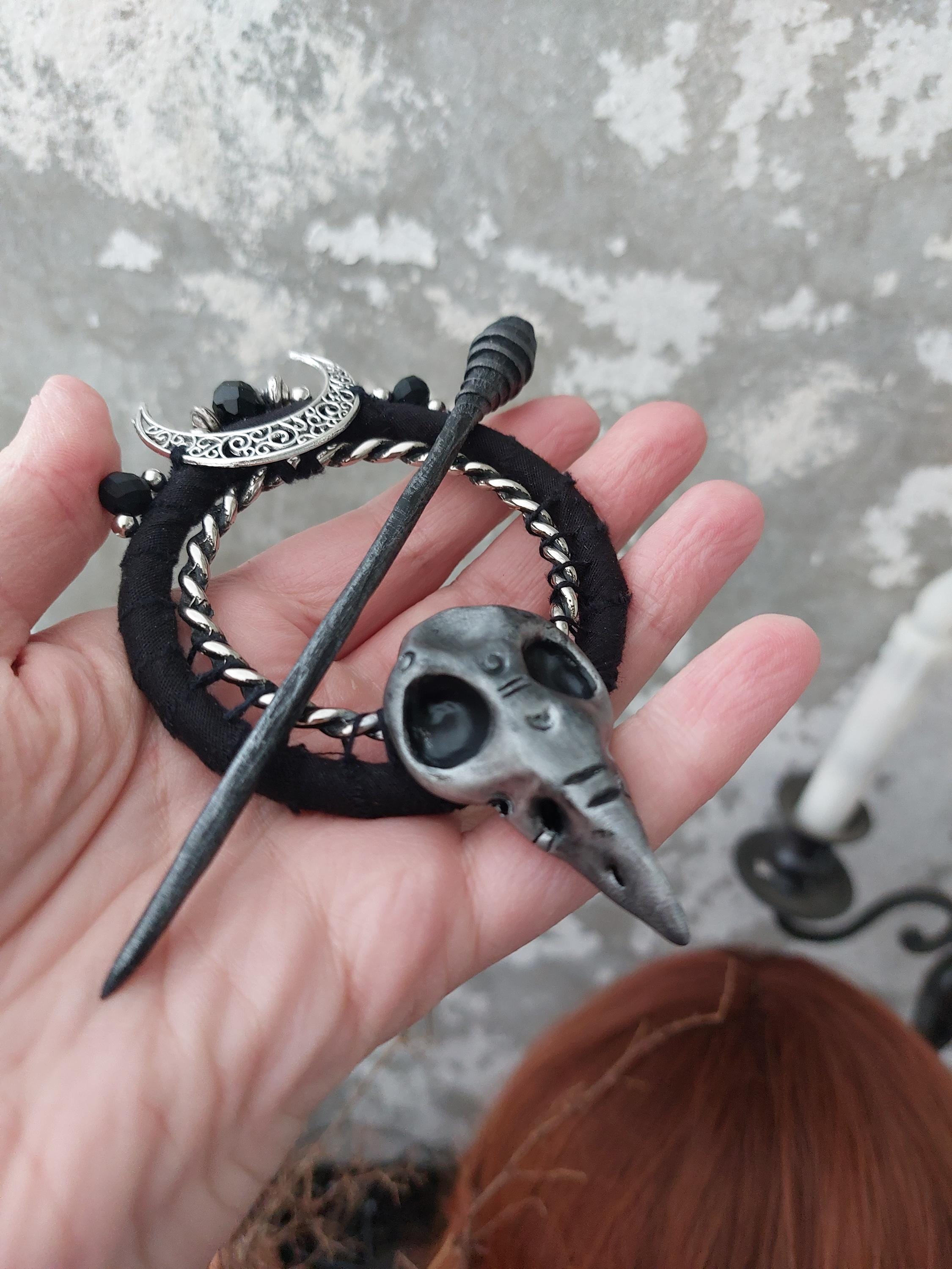 Celtic Raven Hair Pin: Pagan Barrette With Crescent Moon and Glass ...