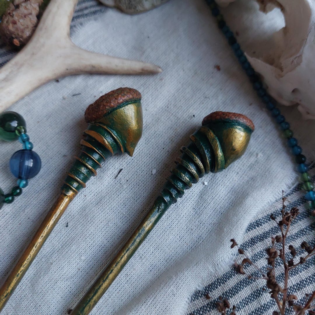 Druid Hair Stick, Oak Leaf Pagan Hair Pin, Raven Skull Recycled Wood ...
