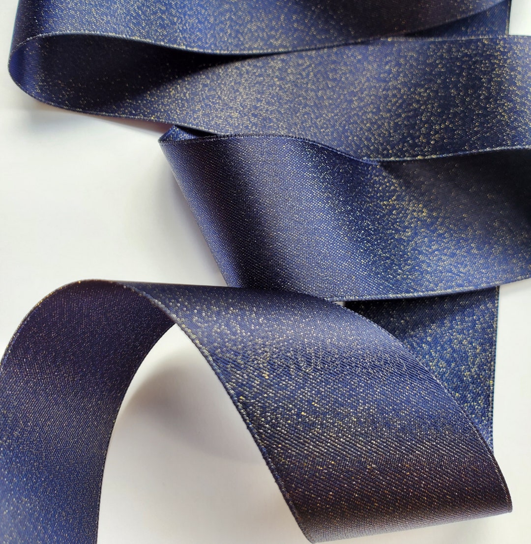 Dark Navy Blue Stardust Shimmer Gold Double Faced Satin Ribbon 5 Yards ...