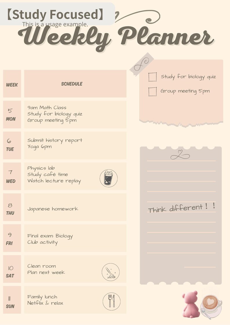 Kuma Cafe Weekly Planner - Cute Printable PDF | Kawaii Digital Journal ...
