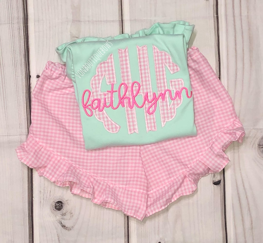 Girls Mint Pink Gingham Ruffle Shorts Set: Personalized Monogram Shirt ...