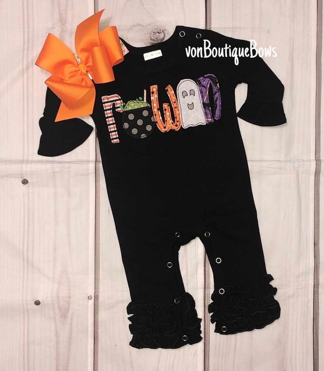 Personalized Halloween Romper: Black Ruffle Long Sleeve, Ghost & Broom ...
