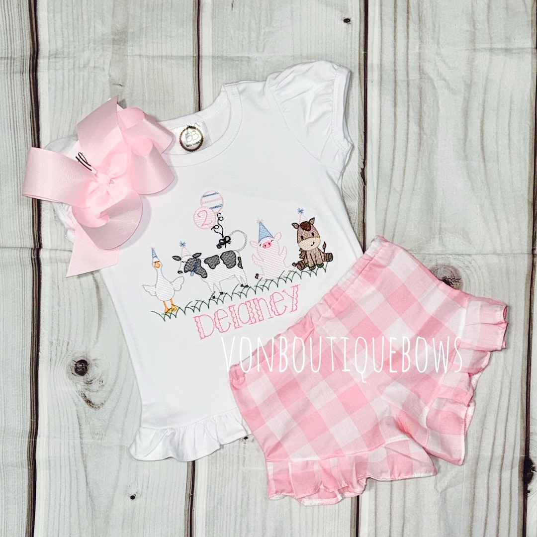Barnyard Birthday Outfit: Embroidered Farm Animals Shirt, Ruffle Shorts ...