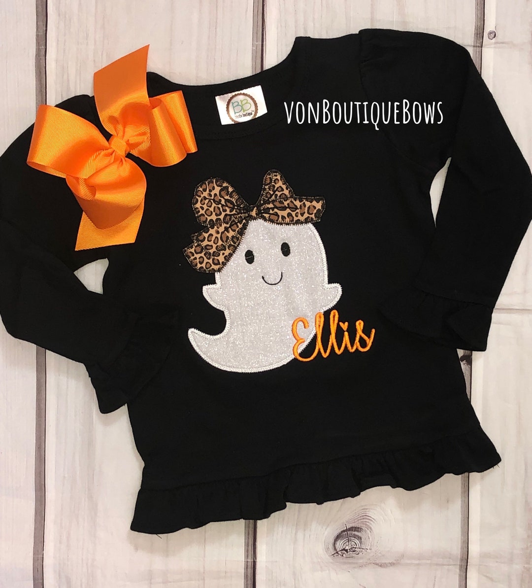 Girly Ghost Halloween Girls Shirt Ruffle Black Leopard Fall, Girls ...