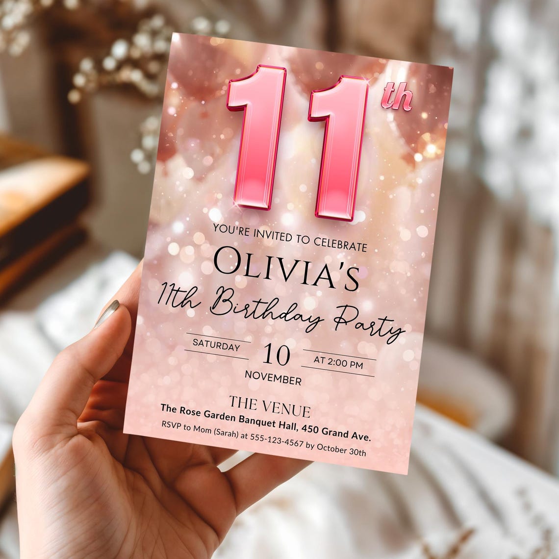 Digital 11th Birthday Invitation Girl, Rose Gold 11th Birthday Dinner ...