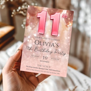 Digital 11th Birthday Invitation Girl, Rose Gold 11th Birthday Dinner ...