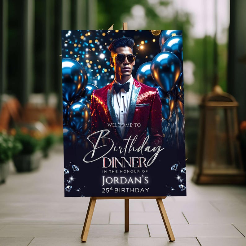 Editable Birthday Welcome Sign: Blue Black Silver Poster Sign (digital ...