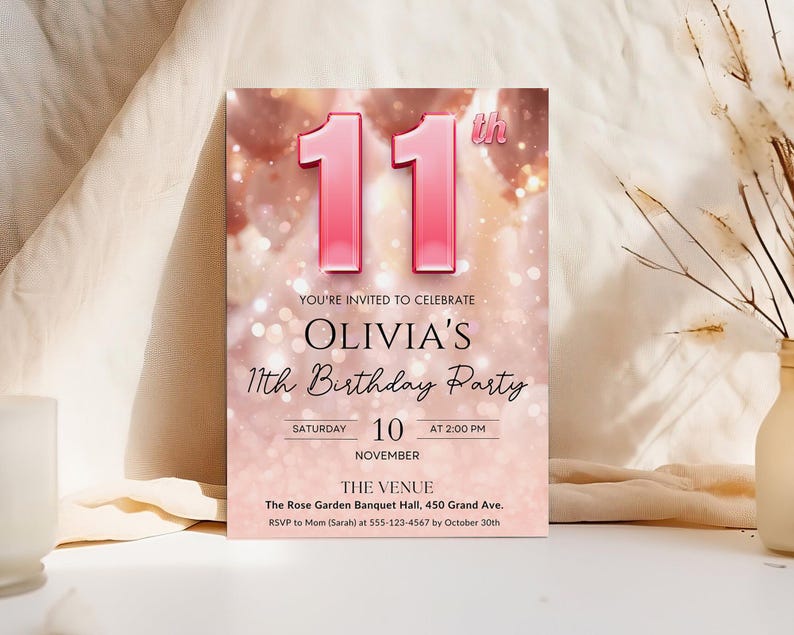 Digital 11th Birthday Invitation Girl, Rose Gold 11th Birthday Dinner ...