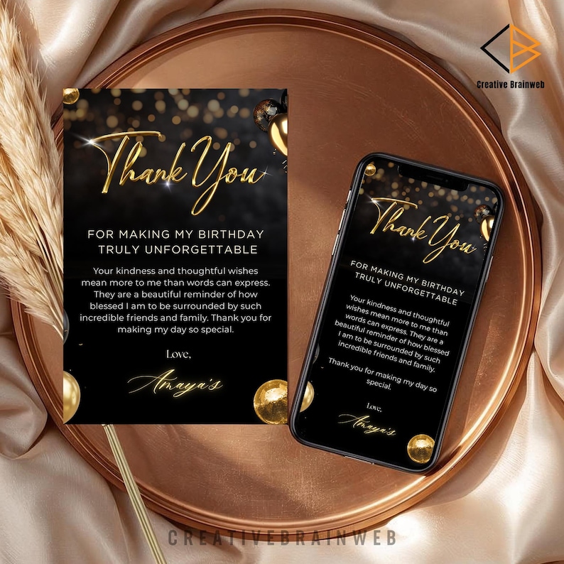 Black and Gold Thank You Card & Gift Tag Template | Editable Printable ...