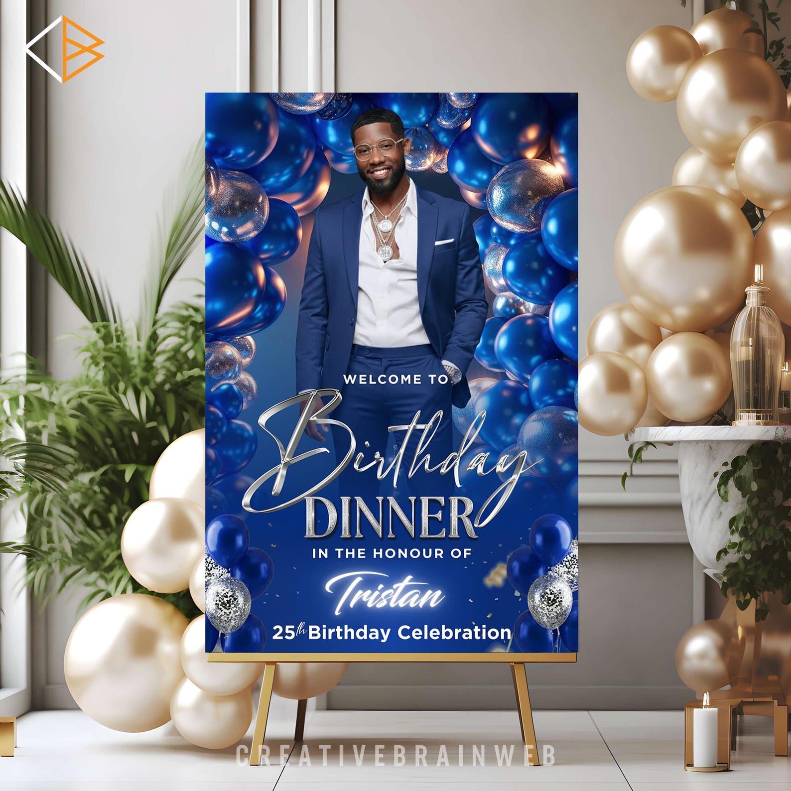 Editable Birthday Welcome Sign: Sapphire Blue & Diamond Silver Party ...