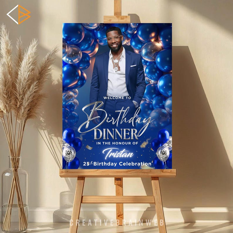 Editable Birthday Welcome Sign: Sapphire Blue & Diamond Silver Party ...