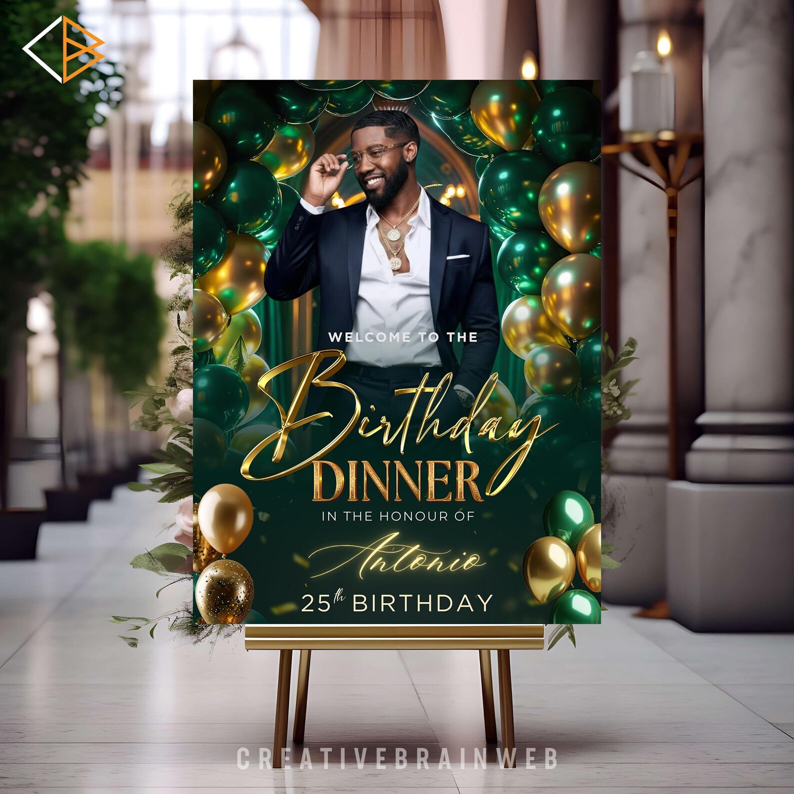 Editable Birthday Welcome Sign: Emerald Green & Antique Gold Party ...