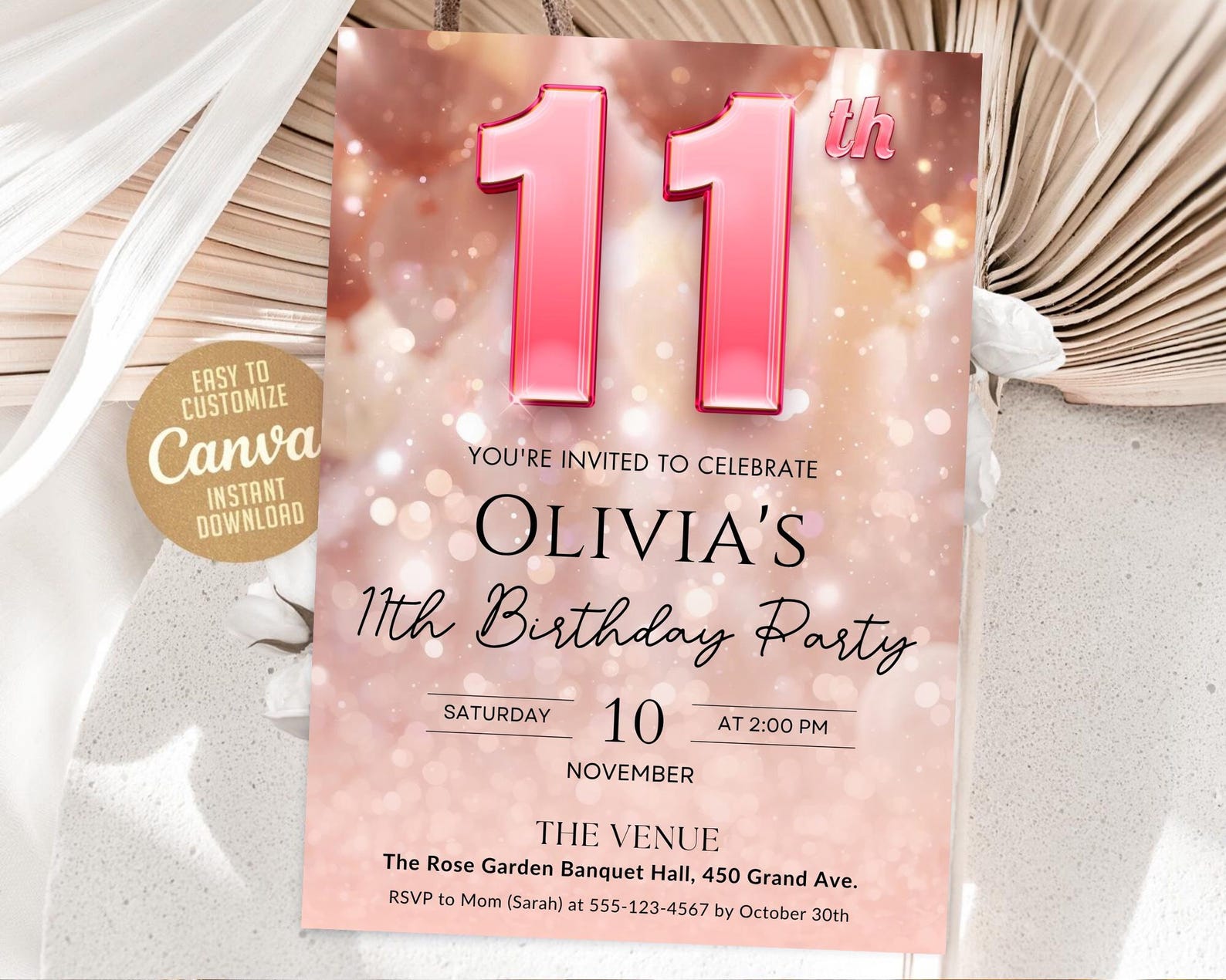 Digital 11th Birthday Invitation Girl, Rose Gold 11th Birthday Dinner ...