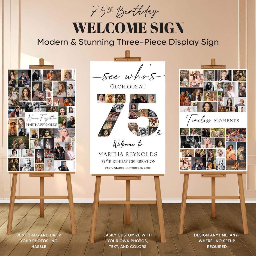 75th Birthday Photo Collage Welcome Sign: Editable Canva Template ...