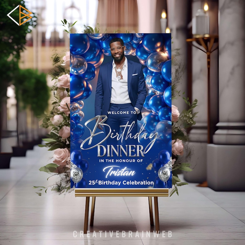 Editable Birthday Welcome Sign: Sapphire Blue & Diamond Silver Party ...