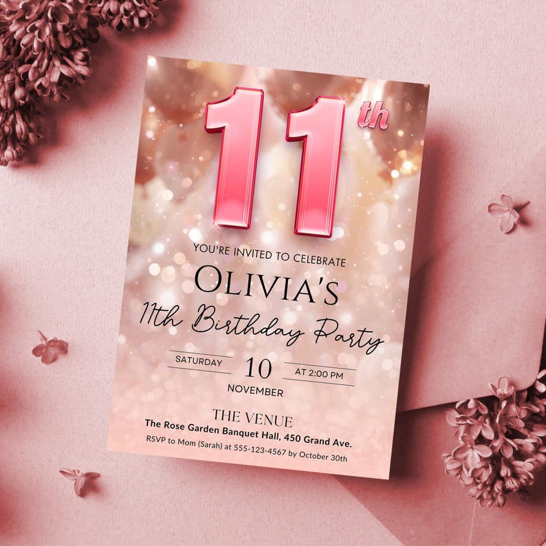 Digital 11th Birthday Invitation Girl, Rose Gold 11th Birthday Dinner ...