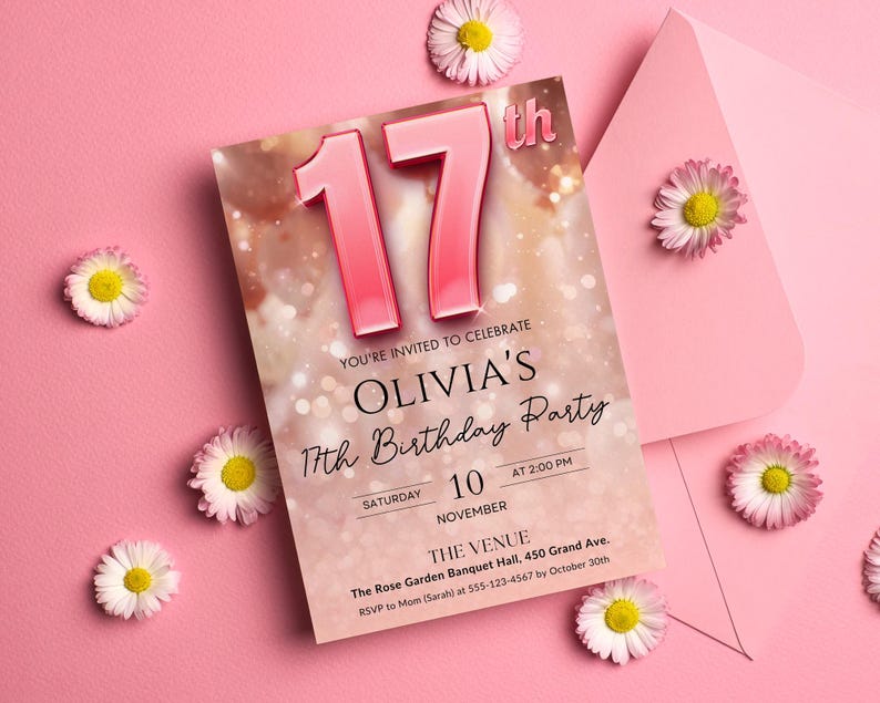 Rose Gold 17th Birthday Invitation | Teen Girl Party (digital) - Etsy