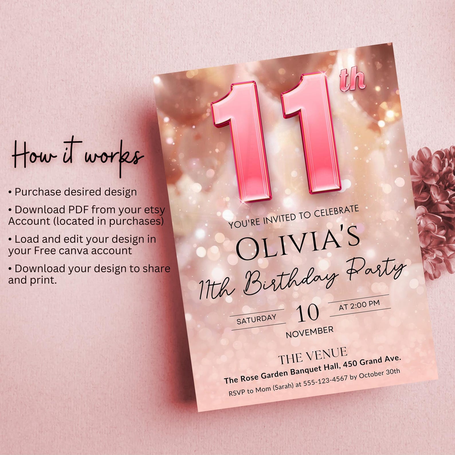 Digital 11th Birthday Invitation Girl, Rose Gold 11th Birthday Dinner ...