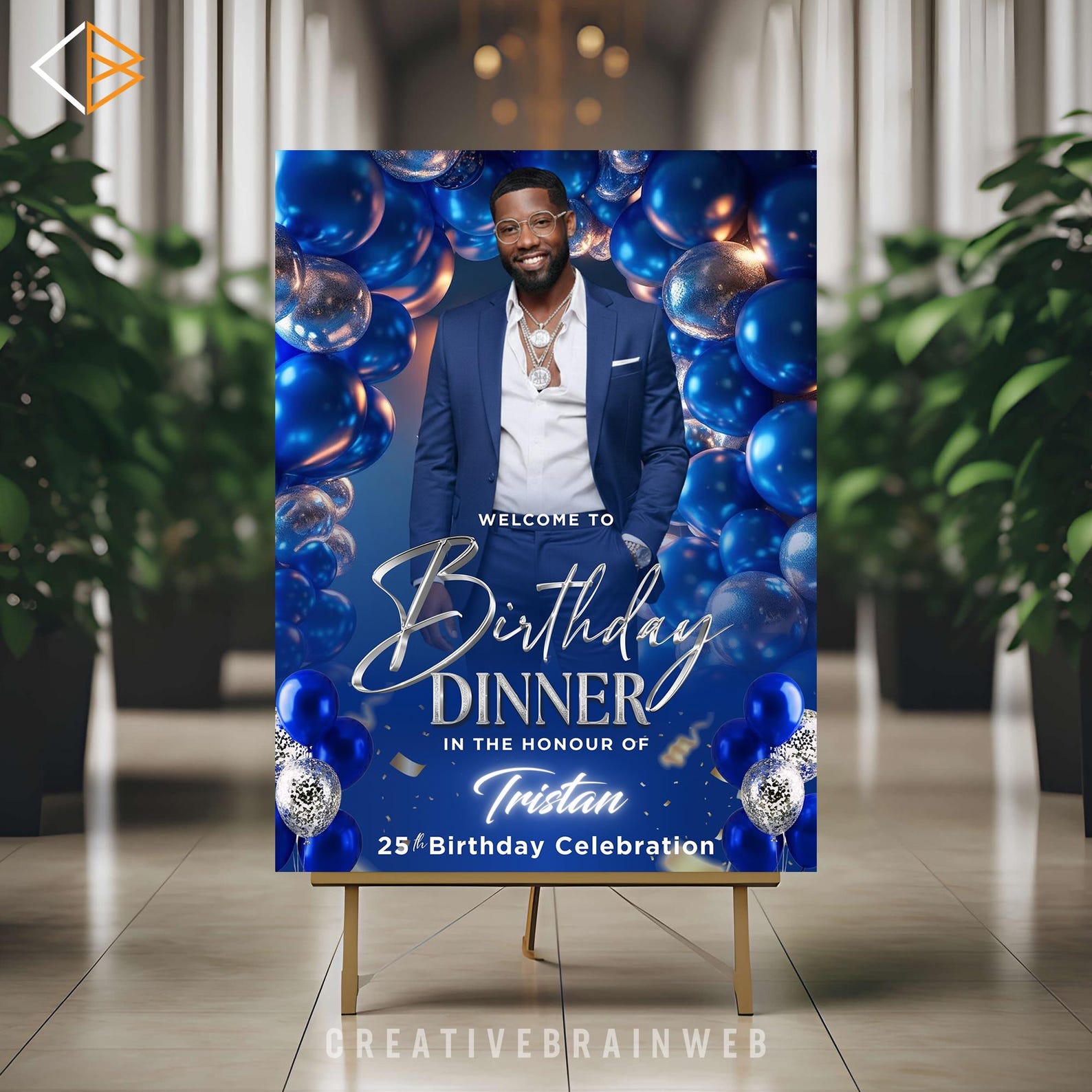 Editable Birthday Welcome Sign: Sapphire Blue & Diamond Silver Party ...