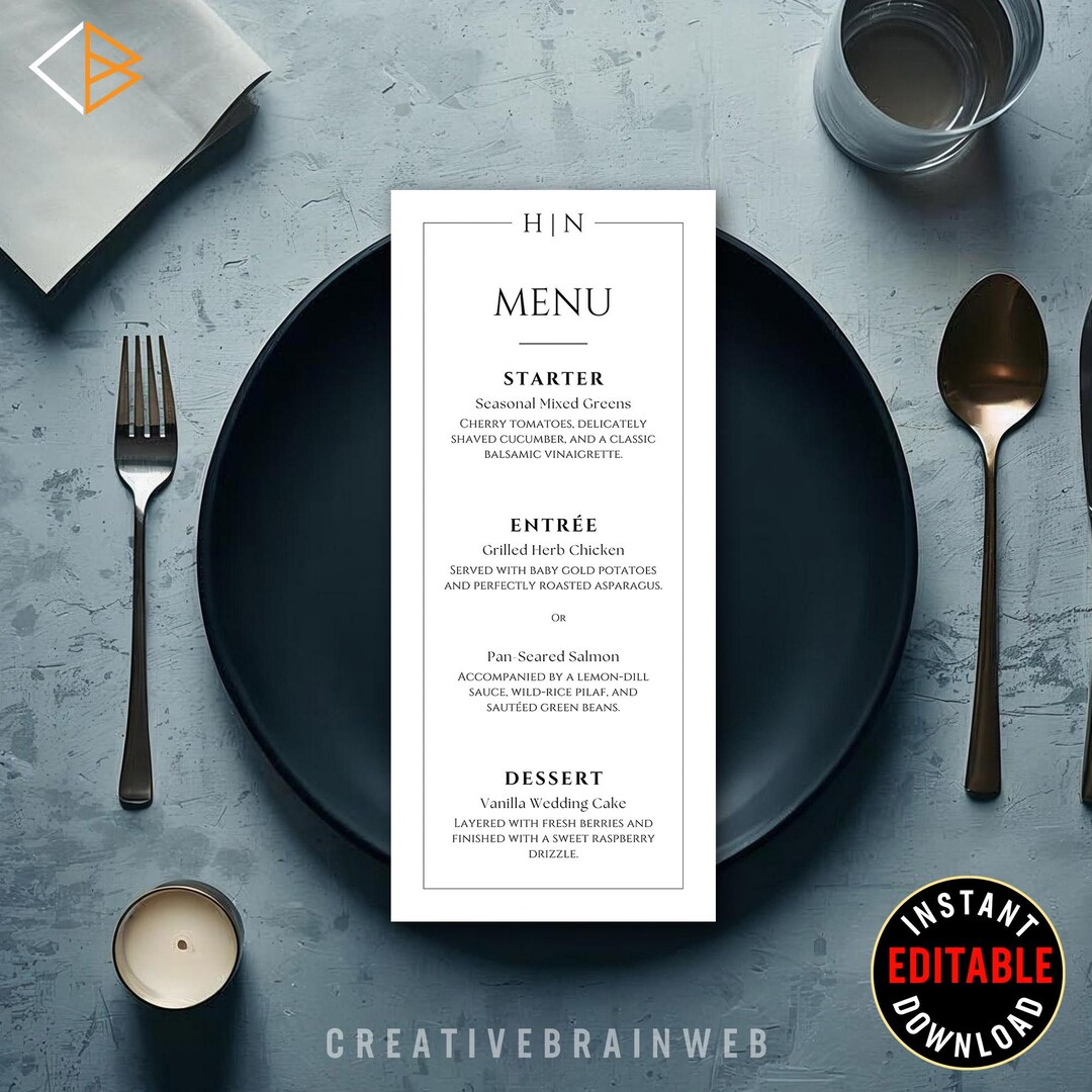 Monogram Wedding Menu Template | Minimalist Dinner Menu (digital ...