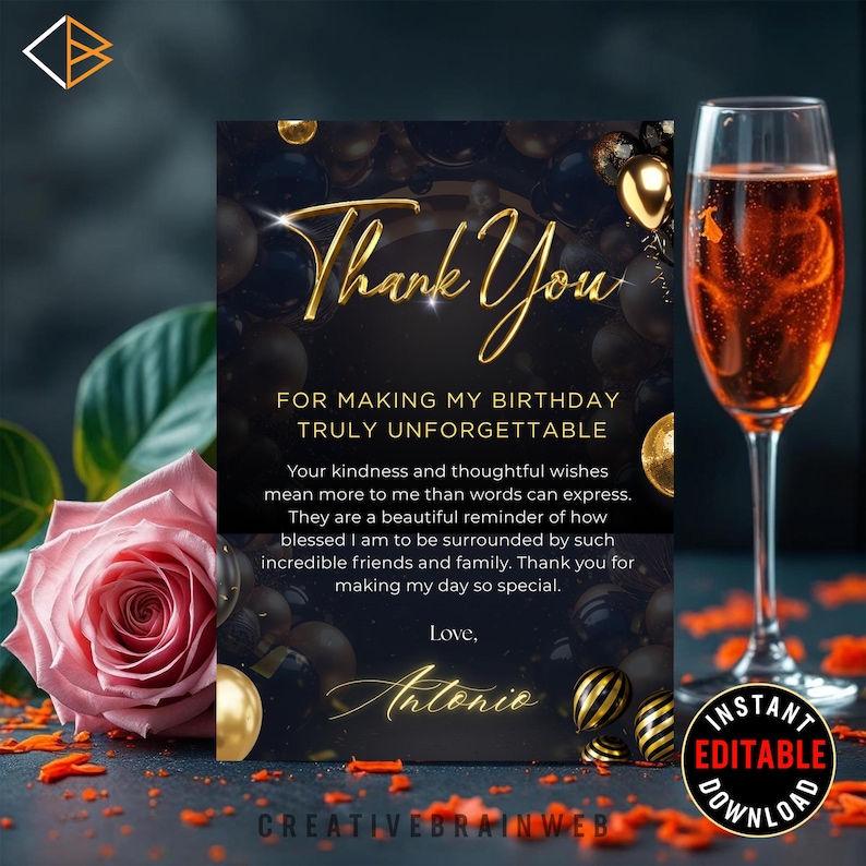 Black and Gold Thank You Card & Gift Tag | Editable Printable Canva ...