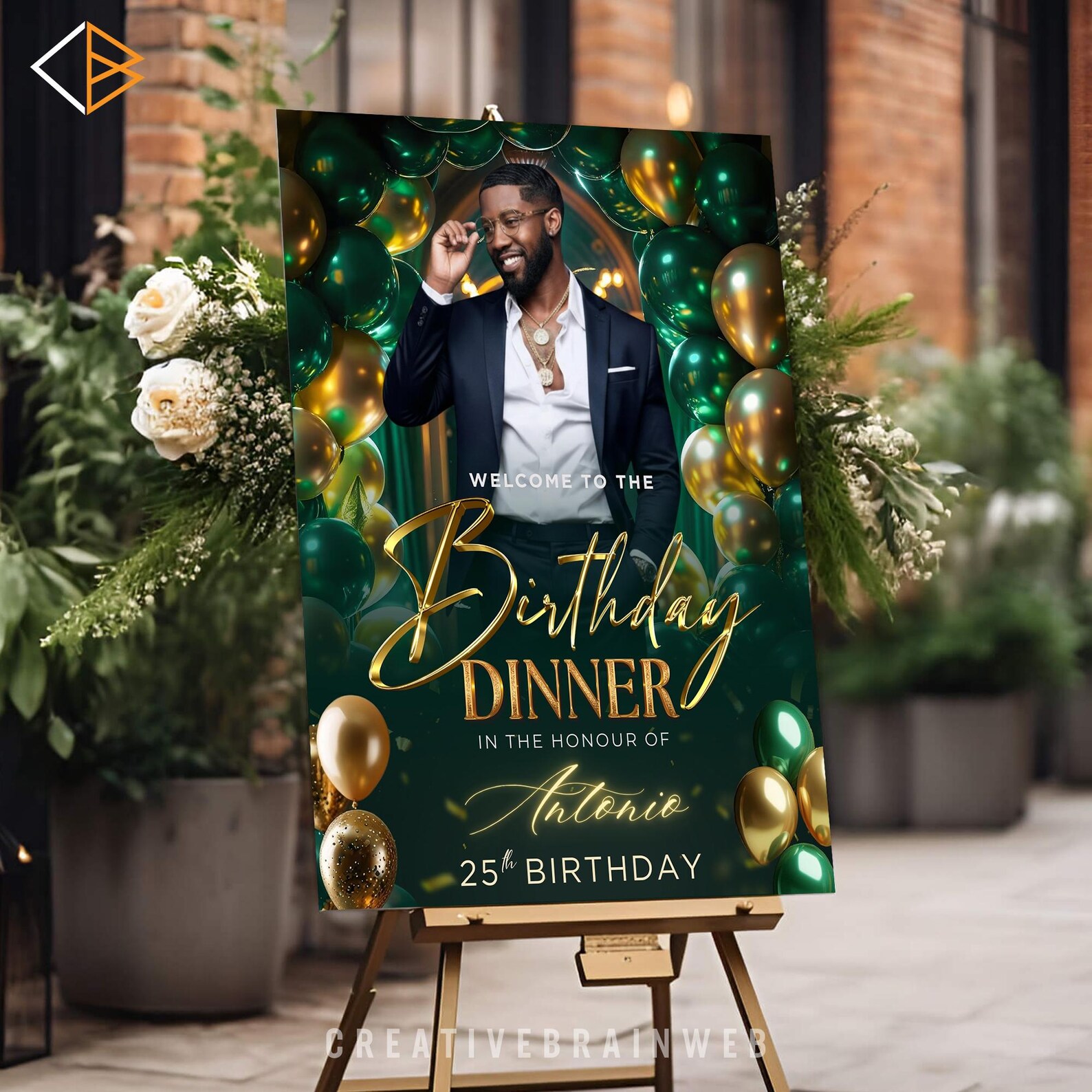 Editable Birthday Welcome Sign: Emerald Green & Antique Gold Party ...