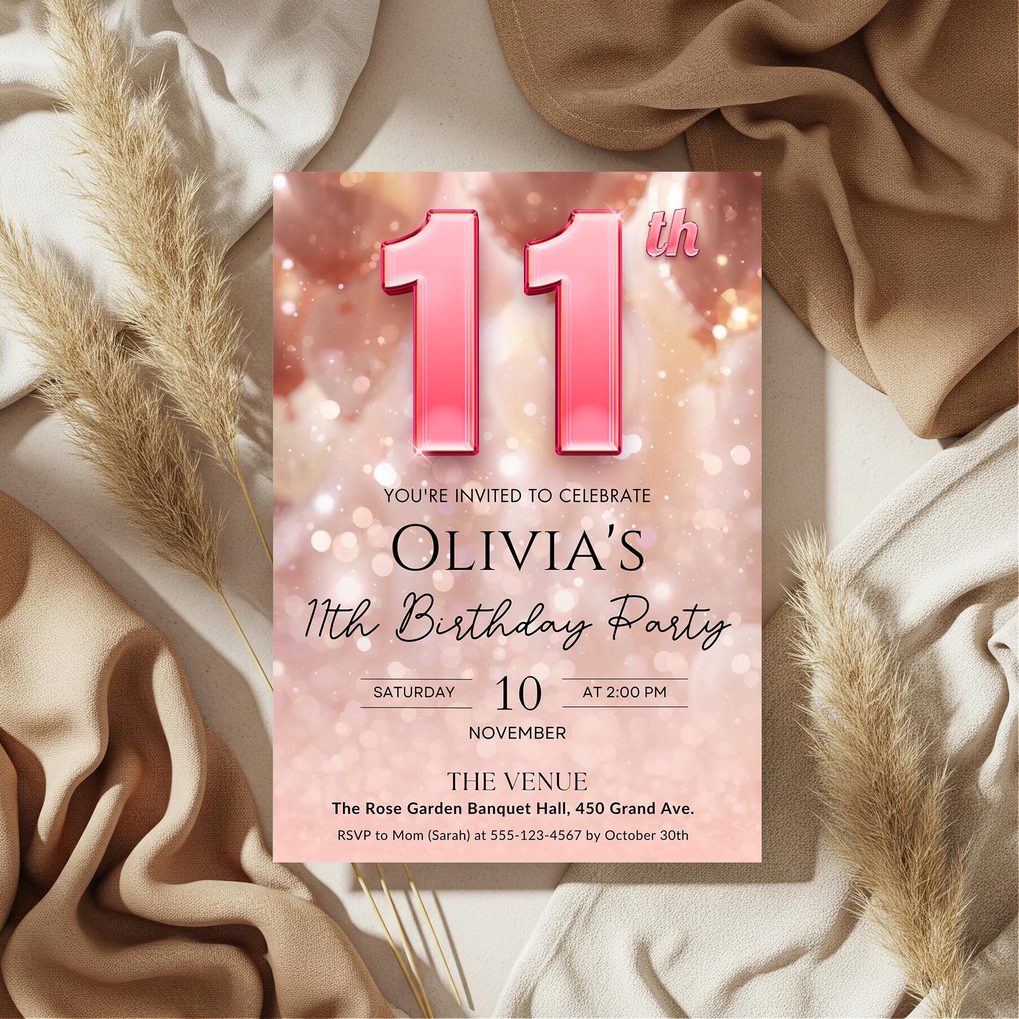 Digital 11th Birthday Invitation Girl, Rose Gold 11th Birthday Dinner ...