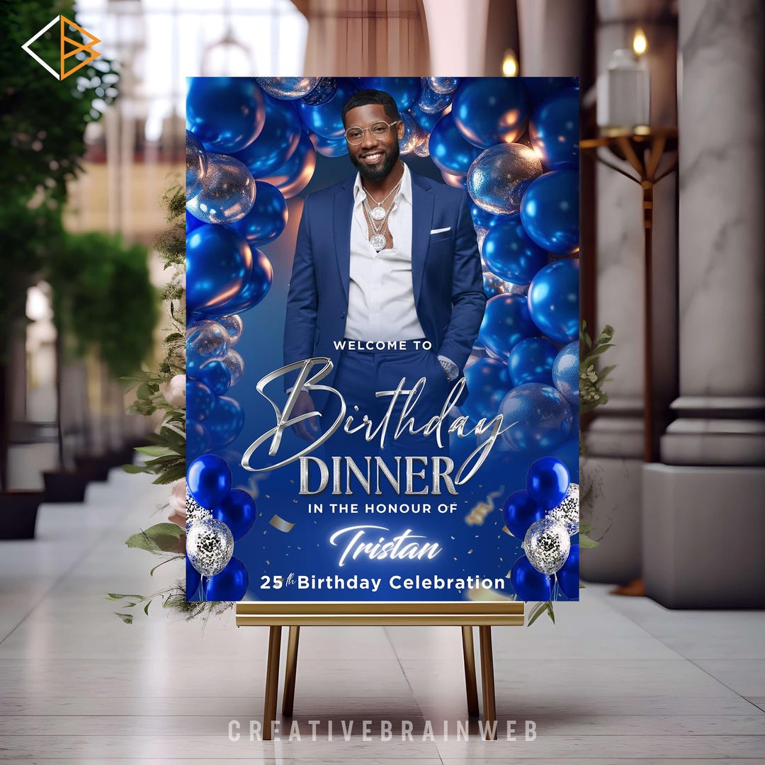 Editable Birthday Welcome Sign: Sapphire Blue & Diamond Silver Party ...