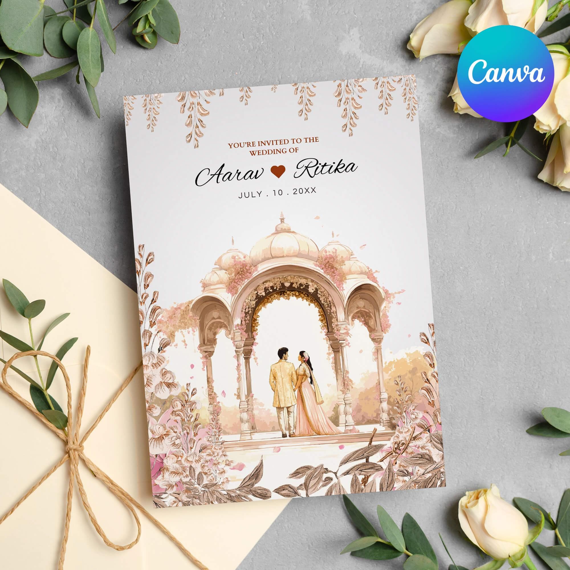 Indian Wedding Invitation – Floral Mandap Design, Editable Canva ...