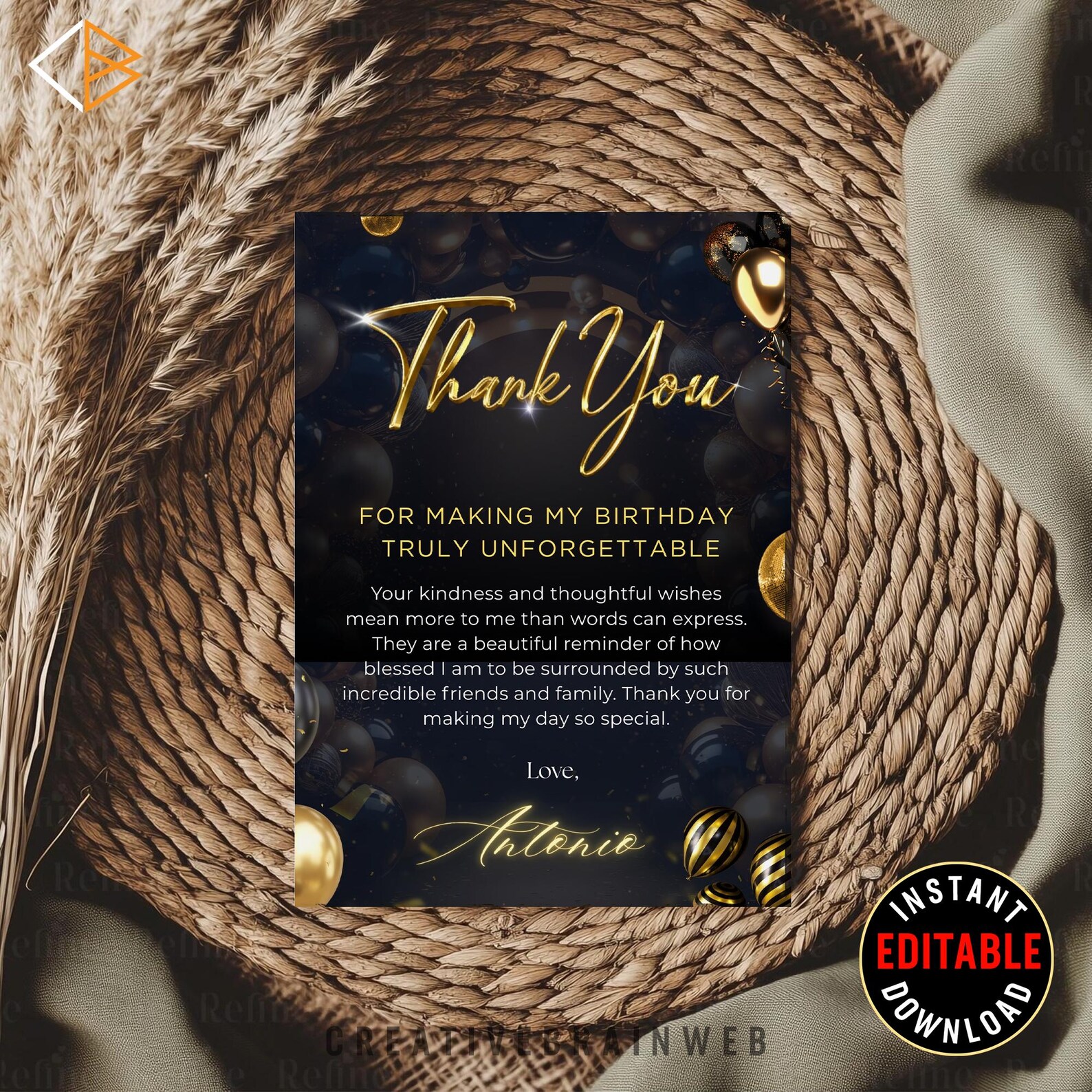Black and Gold Thank You Card & Gift Tag | Editable Printable Canva ...