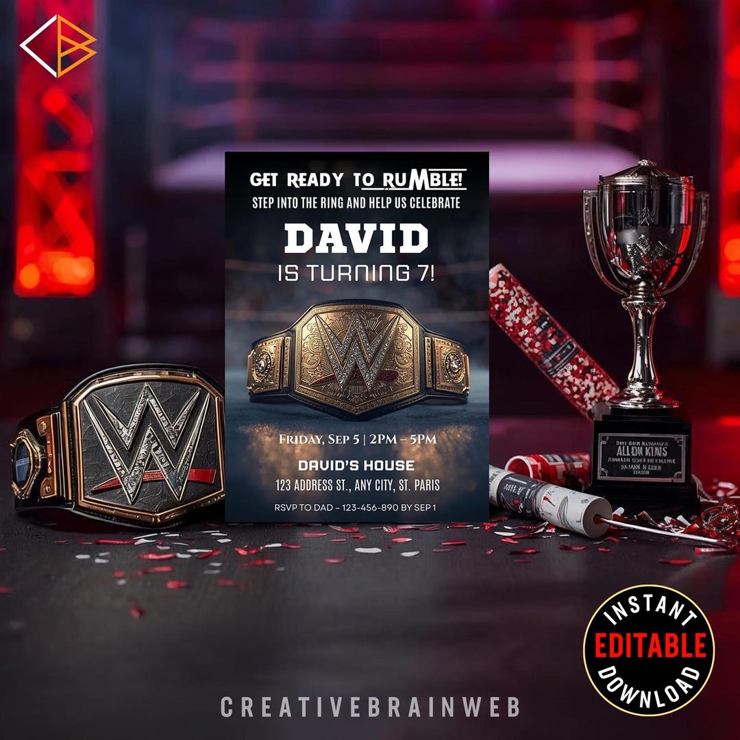 Editable Wrestling Birthday Invitation | Championship Belt Design ...