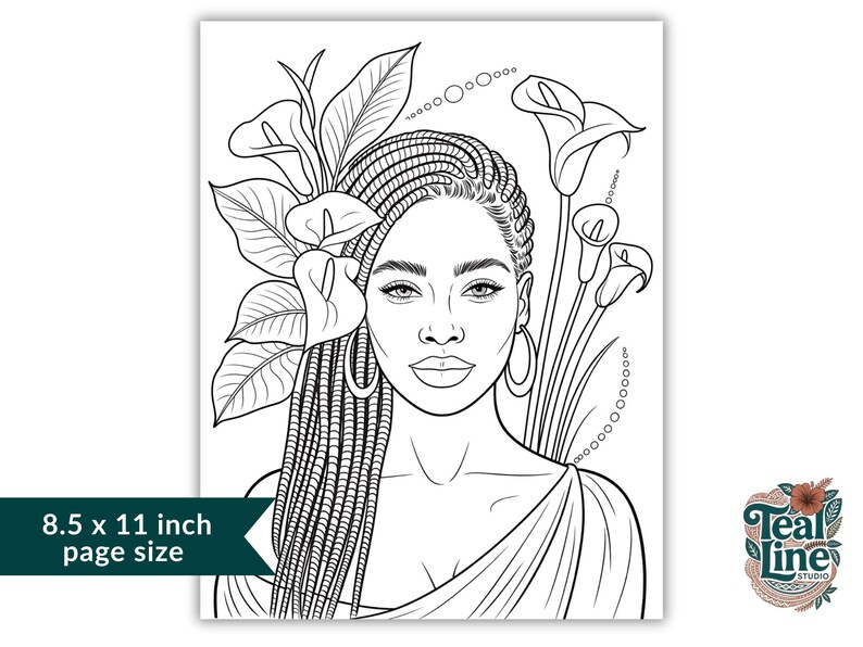 Black Women Coloring Pages Floral Hair Art Printable Portraits Natural ...