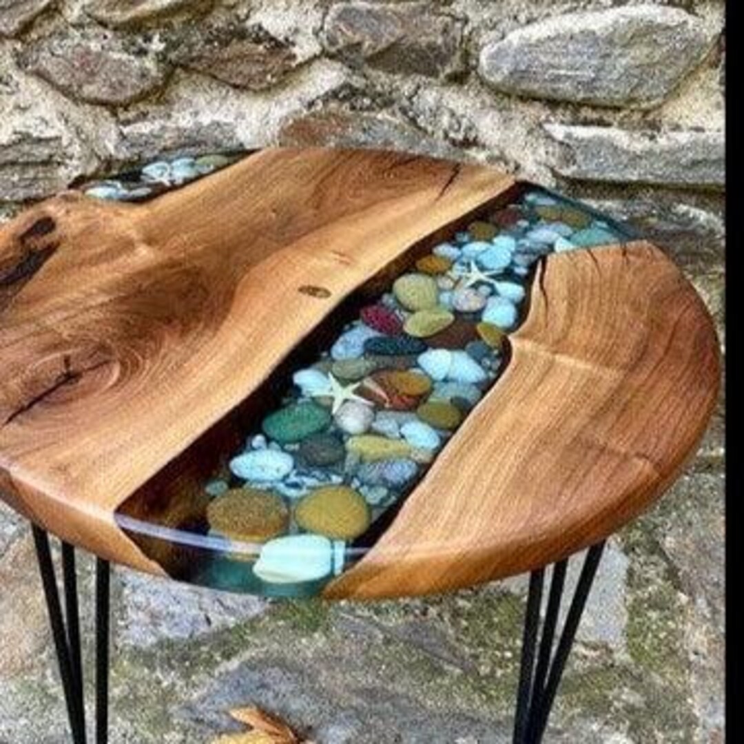 Handmade Round Acacia Wood Clear Epoxy Rocks Table Top | Live Edge ...