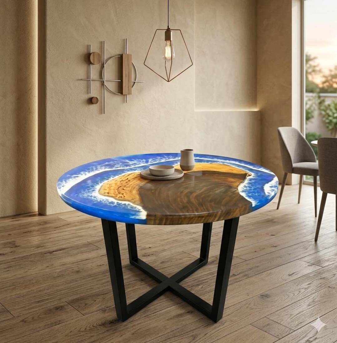 Round Ocean Wave Acacia Wood Epoxy Table Top | Coffee & Dining Table ...