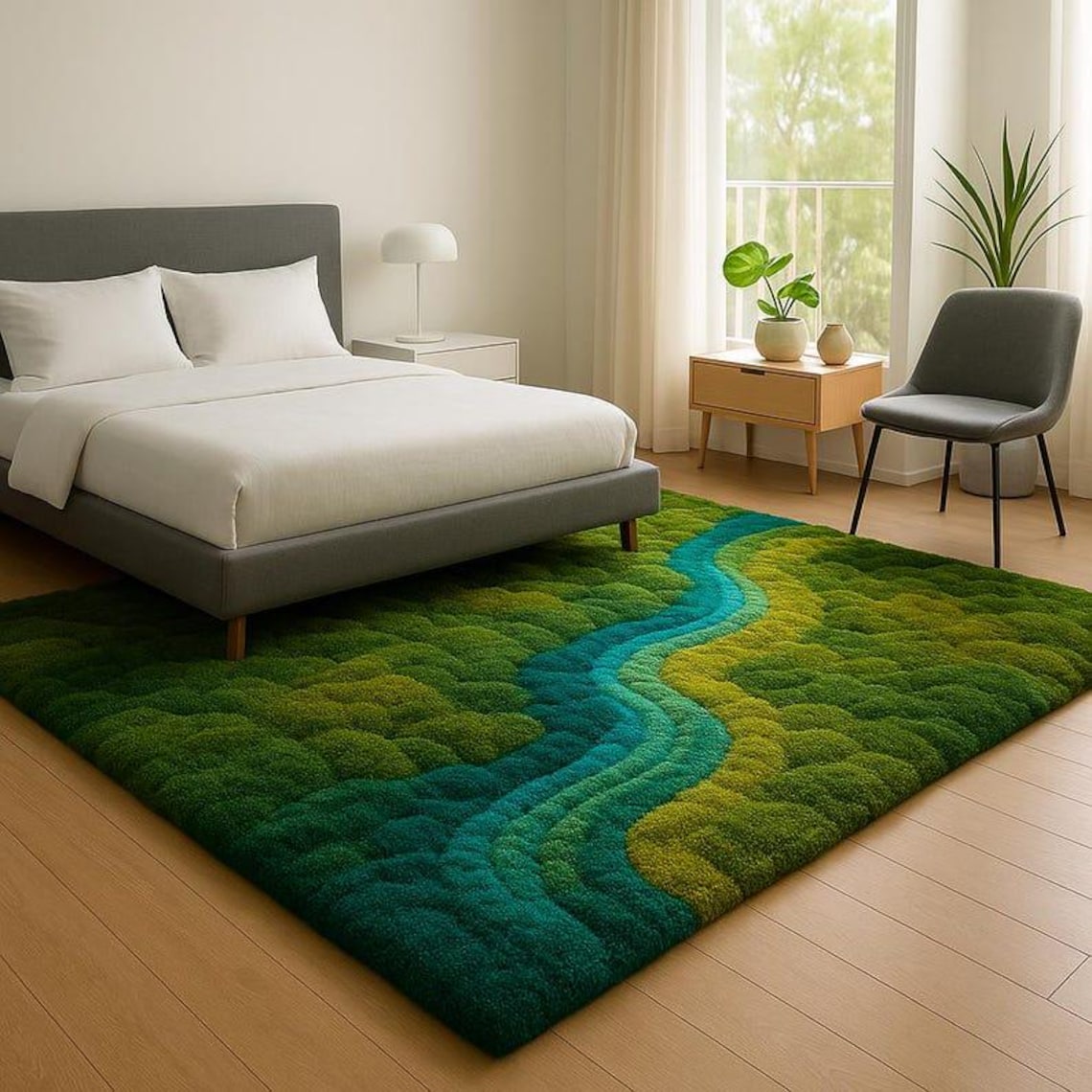 Forest River Tufted Rug, Nature Landscape Wool Rug, Moss Green Area Rug ...